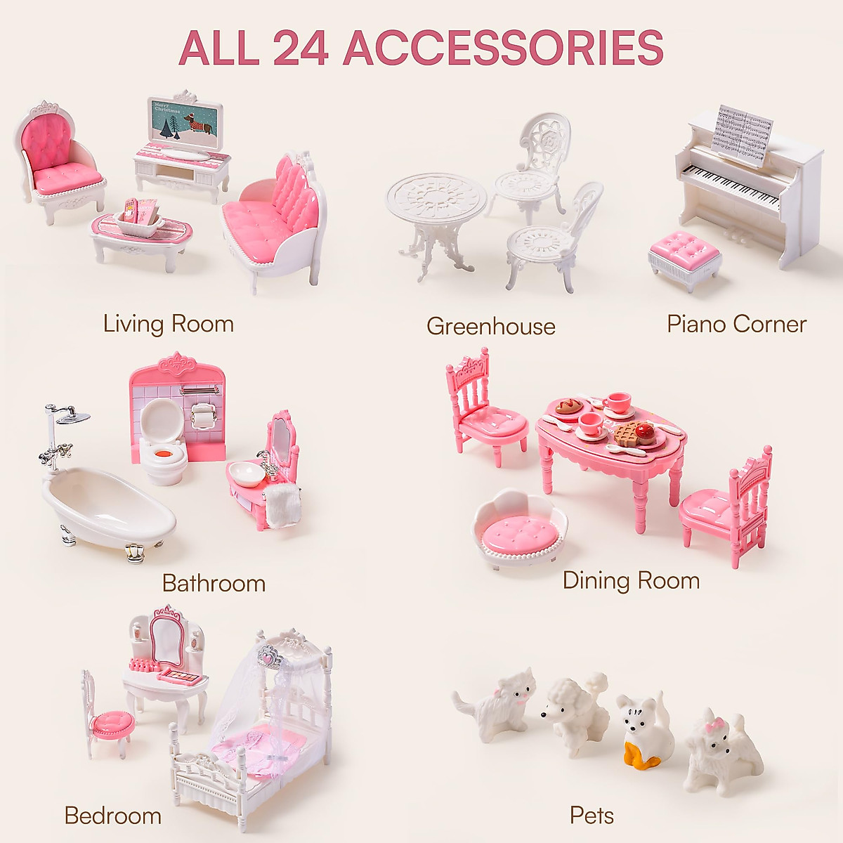 ROBUD Wooden Dollhouse Playset, 3 Stories, 5 Rooms, 24 PCS Furniture, Pretend Play Toys Gift for Kids Toddlers Girls