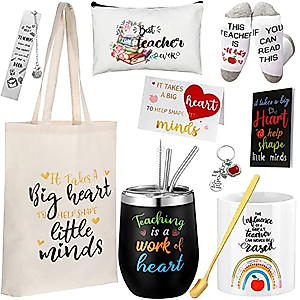 Hotop 11 Pcs Teacher Appreciation Gift Basket for Women Includes Christmas Tote Bag Cosmetic Bag, Wine Tumbler, Bookmark, Ceramic Pen Holder, Apple Keychain, Notebook, Socks and Cards from Students