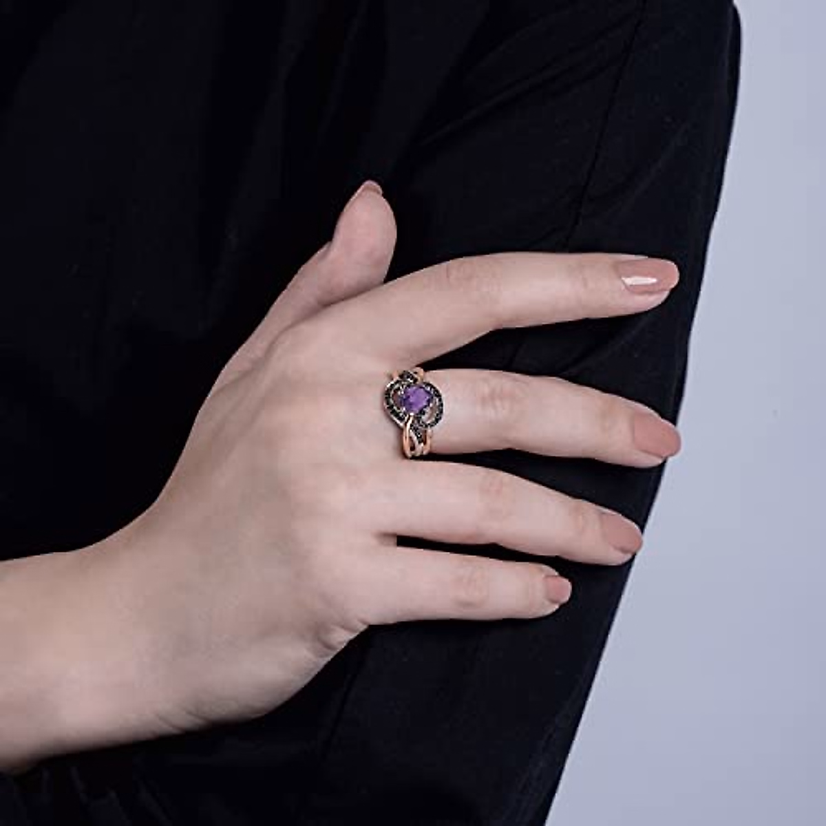Jewelili Enchanted Disney Fine Jewelry Sterling Silver with Rose Gold Plating, Black Rhodium 1/5 Cttw Diamond and Amethyst Ursula Ring, Size 9