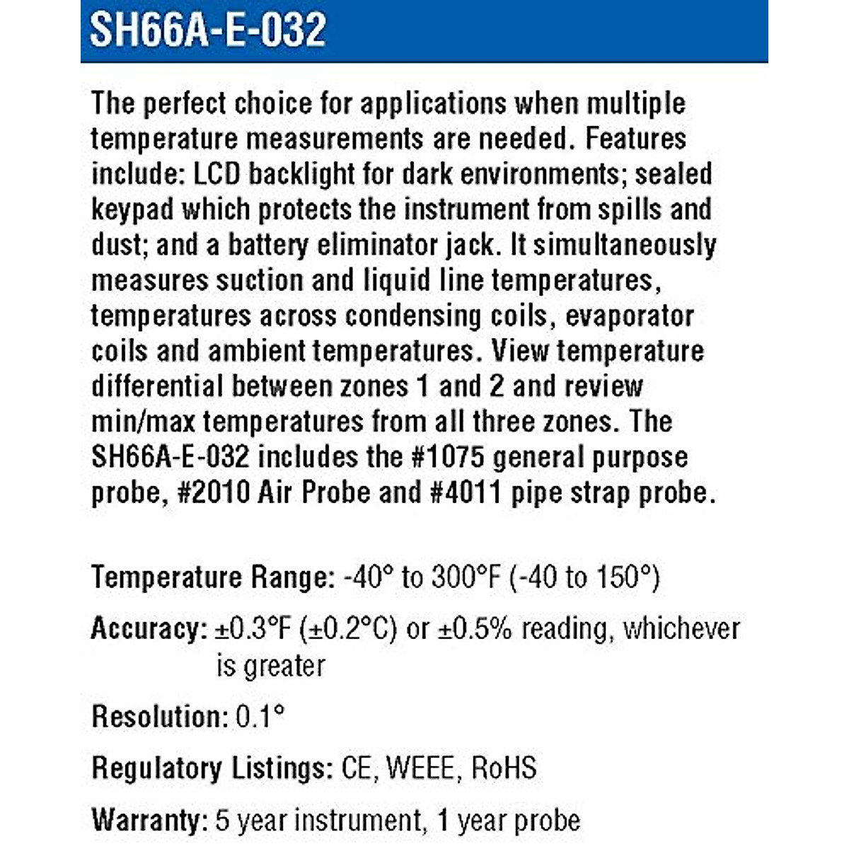 Cooper-Atkins SH66A-E Thermistor Thermometer with LCD Display, Red, -40°F to 300°F Temperature Range