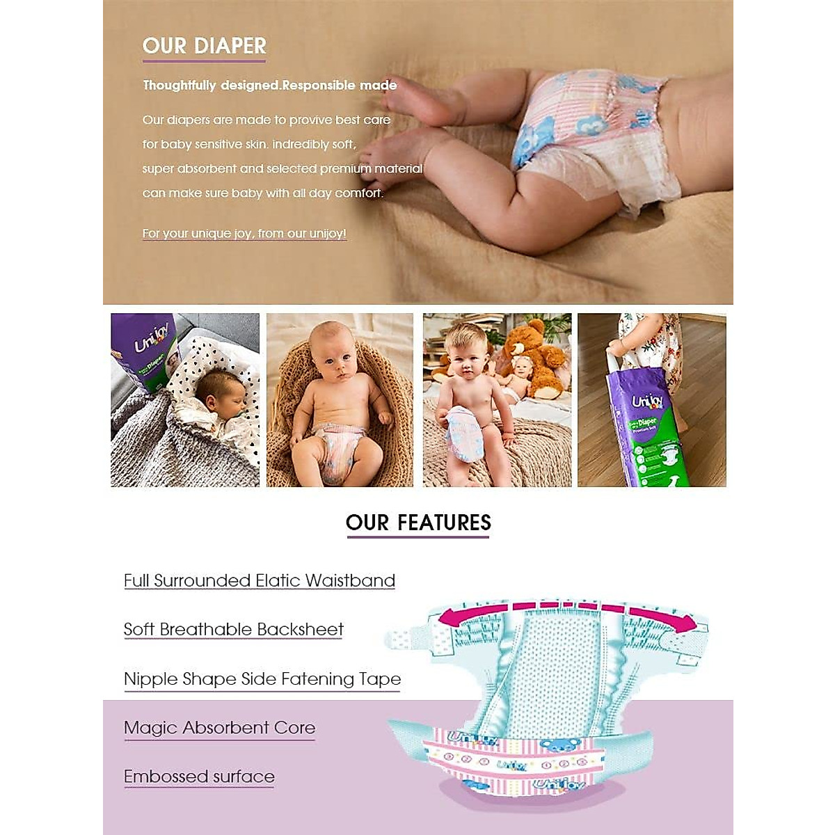 Unijoy Premium Soft Disposable Newborn Babies Diapers to Toddler Sizes | 100% Leak-Proof Skin Protection Diapers | Hypoallergenic & Gentle | Box of 5-104 pcs (Packaging May Vary)