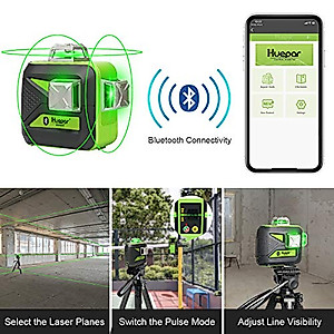 Huepar 3 x 360 Green Beam 3D Laser Level with Bluetooth Connectivity Three-Plane Self-Leveling and Alignment Cross Line Laser Level -One 360° Horizontal and Two 360° Vertical Lines Laser Tool 603CG-BT