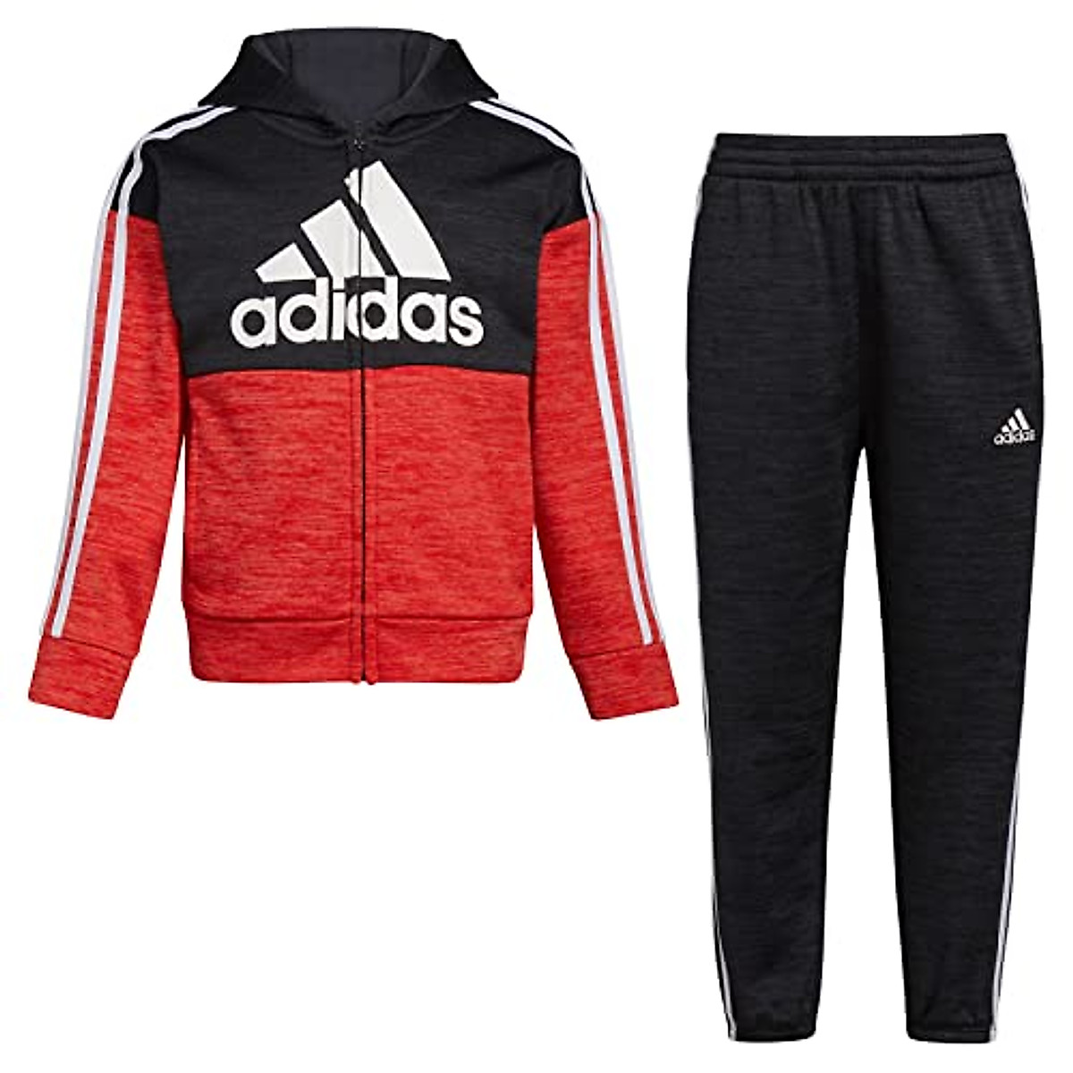 adidas Boys' Long Sleeve Color Block Mélange Fleece Jacket Set, Black Heather with Red, 4