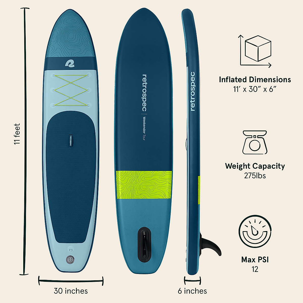 Retrospec Weekender-Tour 11' Inflatable Stand Up Paddleboard iSUP Bundle with Carrying Case, 3 Piece Adjustable Aluminum Paddle, 3 Removable Fins, Pump, and Cell Phone Case