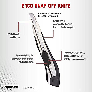 American Line 13-Point 9mm Retractable Snap-Off Knife with Auto-Locking Slider and Ergonomic Handle - Case Pack, (60 Knives with Blades) - 66-0395
