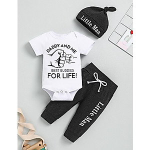 TUEMOS Baby Boy Clothes Daddy and Me The Best Buddies for Life Letter Print Romper Top+Pant with Hat Baby Boy Summer Outfits 3-6 Months