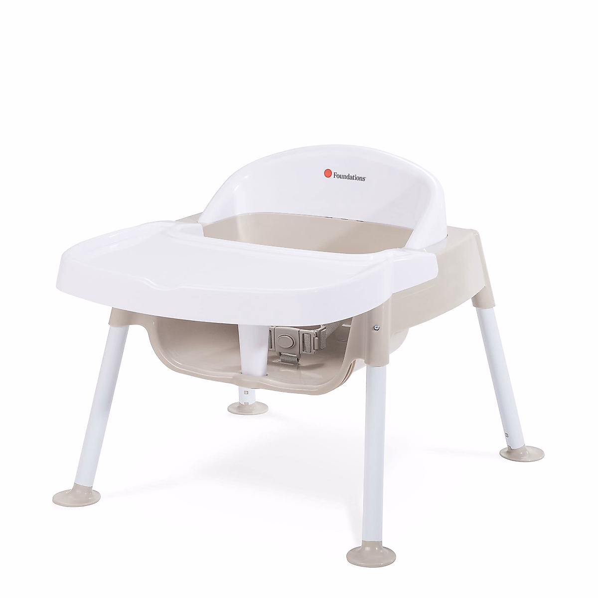 Foundations Secure Sitter 7" Feeding Chair, Stable “No Tip” Feet, 3-Point Adjustable Harness, Removable Tray, Easy to Clean, Smooth Plastic (White/Tan)
