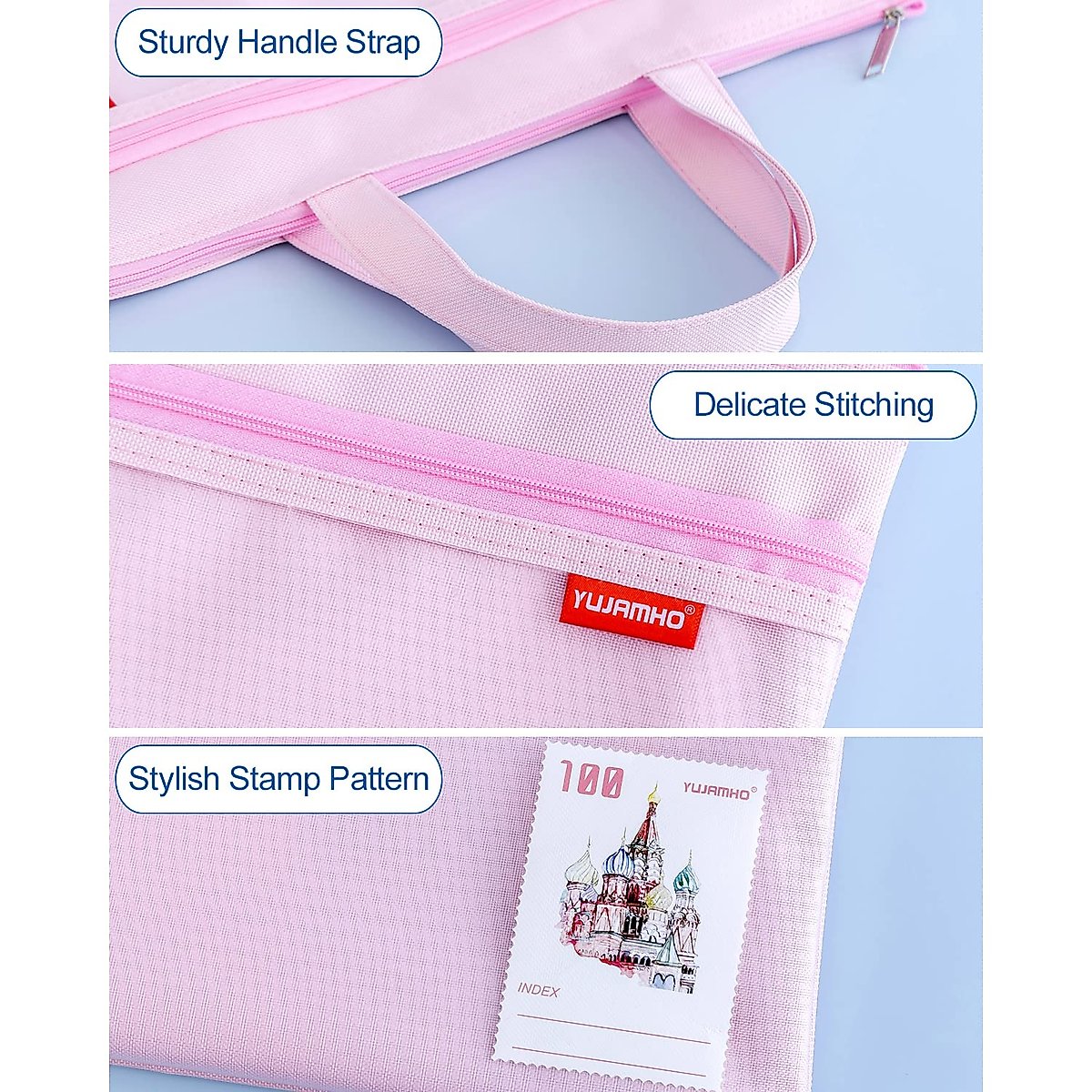pendancy Mesh Zipper Pouch 11x13.7 in, Large Double Pocket Waterproof File Bag with Handle, A4 Size Foldable Document Storage for Puzzle Project/Cross Stitch/Travel/Office（Pink）