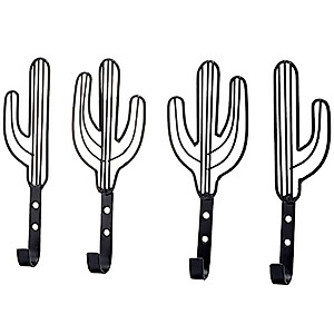 MyGift Wall Mounted Decorative Black Metal Entryway Coat Hooks Saguaro Cactus Shaped Hanging Novelty Hooks, Southwest Style Home Decor, Set of 4