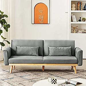 DKLGG Grey Futon Sofa Bed, Velvet Convertible Sofa Couch Sleeper with Wood Legs & 2 Pillows, Upholstered Loveseat for Small Spaces Living Room Bedroom Furniture, 3 Adjustable Positions, Easy Assembly