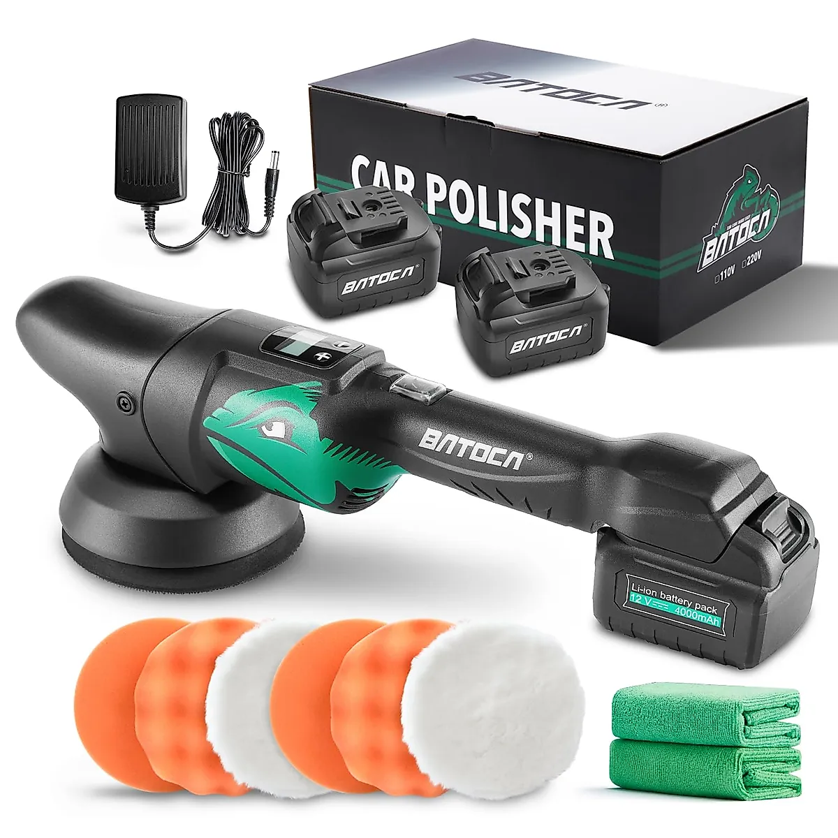 BATOCA S2 Cordless Random Orbital Polisher Buffer, 2Pcs 4.0Ah Batteries, LCD Display with 6 Variable Speed 2000- 4500 RPM Wireless Car Polishing Kit for Car Detailing, Polishing, Waxing, Cleaning