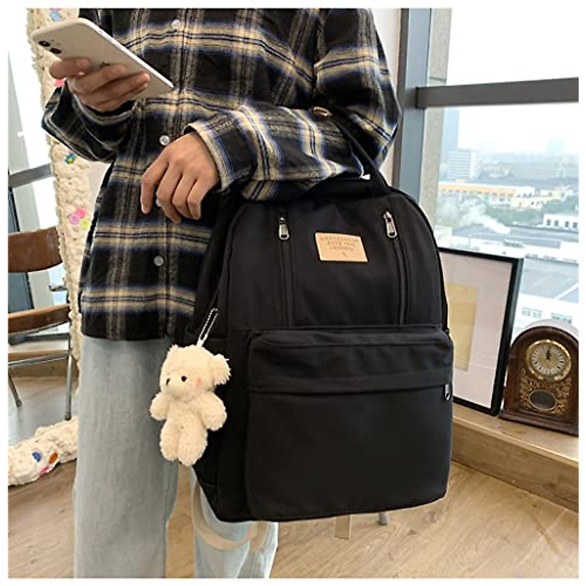 JHTPSLR Preppy Backpack with Plushies Cute Vintage Backpack for School Girls Light Academia Bookbags Preppy Aesthetic Backpack (Black)