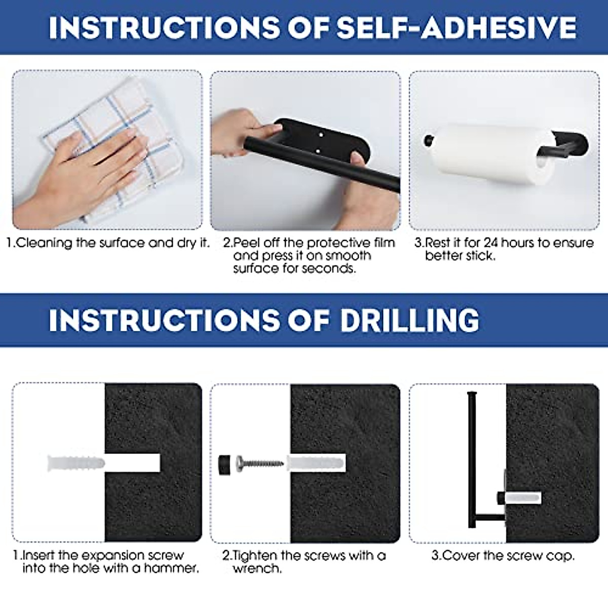 Paper Towel Holder, Under Cabinet Paper Towel Holder for Kitchen, Self Adhesive Paper Towel Roll Holder Wall Mount, SUS304 Stainless Steel Paper Towel Rack Stick on Wall for Bathroom