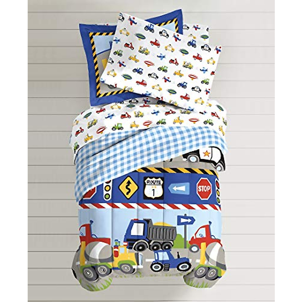 dream FACTORY Trucks Tractors Cars Boys 5-Piece Bedding Comforter Sheet Set, Twin Blue Red Multi