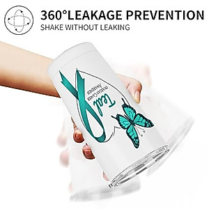 Teal Ribbon Butterfly Heart Ovarian Awareness 20 OZ Stainless Steel Tumbler Travel Car Coffee Mug with Straw Lid Cleaning Brush Coffee Tumbler Mug for Women Men