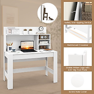 Tangkula White Desk with Hutch, Home Office Desk with Bookshelf, Writing Study Desk with Anti-Toppling Device & Cable Hole, Modern Computer Workstation PC Laptop Desk for Small Space, Bedroom