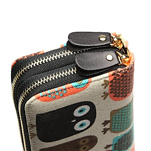 LATH.PIN Women Zipper Wallet Owl Wallet Purse Canvas Phone Card Holder with Coin Pocket and Strap