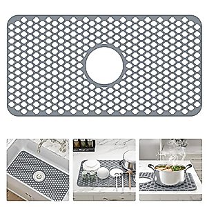 Silicone Sink Protector- Sarlai 25"x13" Center Drain Kitchen Sink Mats Grid Folding Non-slip Sink Mat for Bottom of Ceramic Porcelain Fireclay Farmhouse Sink (Grey)