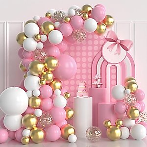 Pink and Gold Balloons Garland Kit, 124pcs Pink White Gold Confetti Metallic Latex Balloons Arch for Girls Baby Shower, Birthday, Wedding Decorations