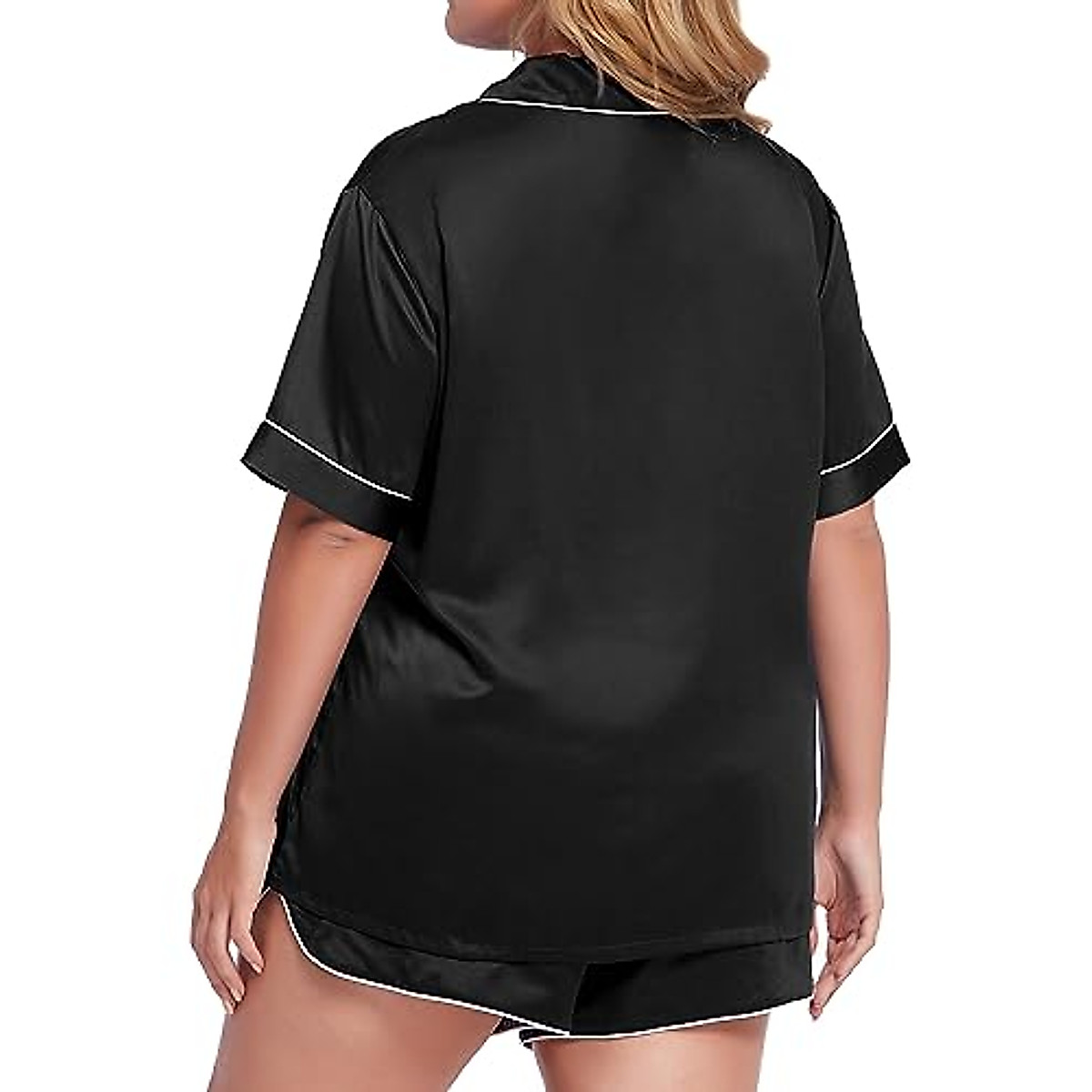 SWOMOG Womens Satin Plus Size Pajamas Silk Button Down Shorts Set Pajama Shorts 2Pcs Short Sleeve Pjs Sets Loungewear Black