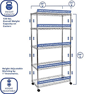 Seville Classics 5-Tier Wire Shelving with Wheels, 5-Tier, 30"" W x 14"" D (NEW MODEL), Chrome Plating, Plated Steel