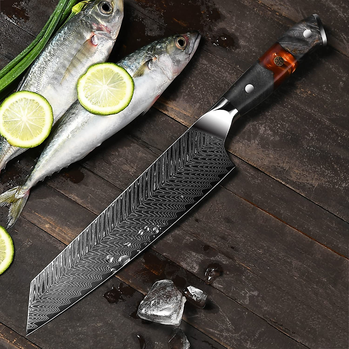 Momo's House 8.3 Inch Kiritsuke Knife and 5 Inch Utility Knife with Wood and Red Resin Handle - VG-10 Core and 67-layers Damascus Steel Kitchen Knives with Gift Box and Sheaths, 2pcs