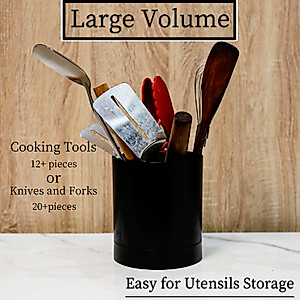 CrafArcher Large Kitchen Utensil Holder, 360° Rotating Plastic Utensil Caddy, Countertop Utensil Tools and Gadgets Organizer-Black 5.7" D x 6.5" H