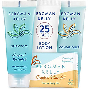 BERGMAN KELLY Hotel Toiletries Bundle (Tropical Waterfall, 1 oz each, 100 Pcs) 4-Piece Set: 25 Rectangular Bar Soap, 25 Shampoo, 25 Conditioner & 25 Body Lotion - Bulk Mini Guest Amenities Supply
