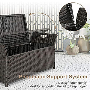 Patio Storage Bench for Outside Outdoor Furniture Wicker Deck Box with All-Weather Cushion, Beige