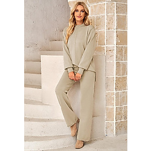 Linsery Womens Tracksuits Winter Casual Two Piece Set Women Knitted Loose Sweater Pullover Top Wide Leg Pants Suit Outfit Apricot Medium