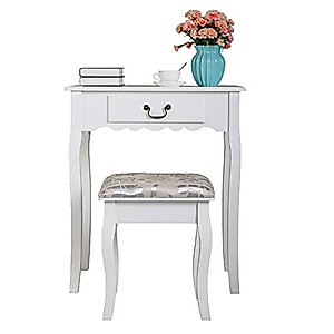 Vanity Set with 360° Rotating Mirror and Large Drawer, Modern Bedroom Makeup Dressing Table and Chair, for Girls Women, White