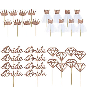 32 Rose Gold Glitter Bride To Be Cupcake Toppers with Diamond,Crown,Bride,3D Tulle Dress Cupcake Toppers for Bridal Shower Supplies, Wedding Engagement, Bachelorette Party Decorations