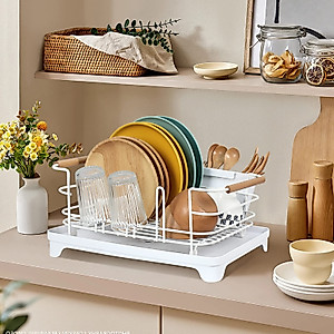 BRIAN & DANY Dish Drying Rack, Dish Racks for Kitchen Counter, Stainless Steel Dish Drainer with Cutlery Holder & Drainboard, 15.5"x 11.8"x 8.58", White