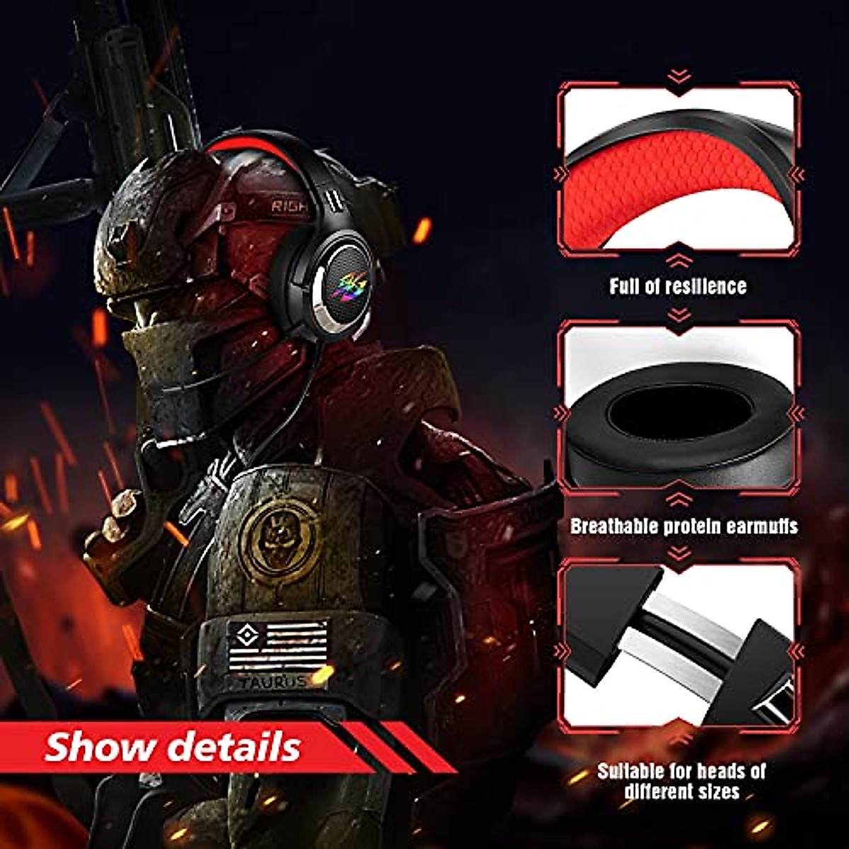 QLB RGB Gaming Headset, Game Earphone with Microphone, Hi-Fi Stereo Headphone, Noise-Cancelling Stereo Gaming Headset for iPhone, iPad, Android, PC, Mac, Tablet (Black G12)