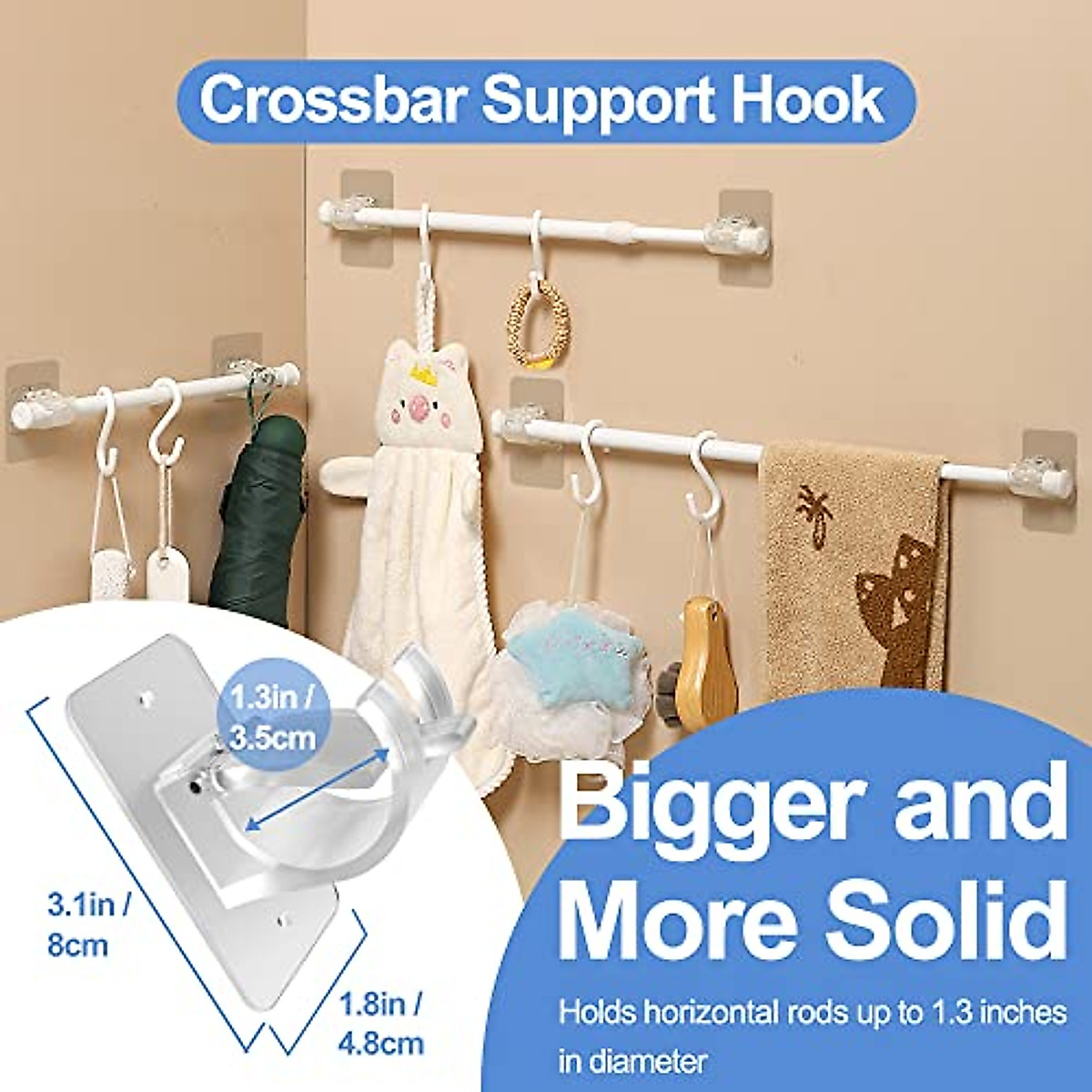 8PCS No Drill Curtain Rod Brackets Upgraded Curtain Rod No Drilling Self Adhesive Curtain Rod Hooks with Screws, Nail Free Adjustable Curtain for Poles Less Than 4cm in Diameter (Transparent)