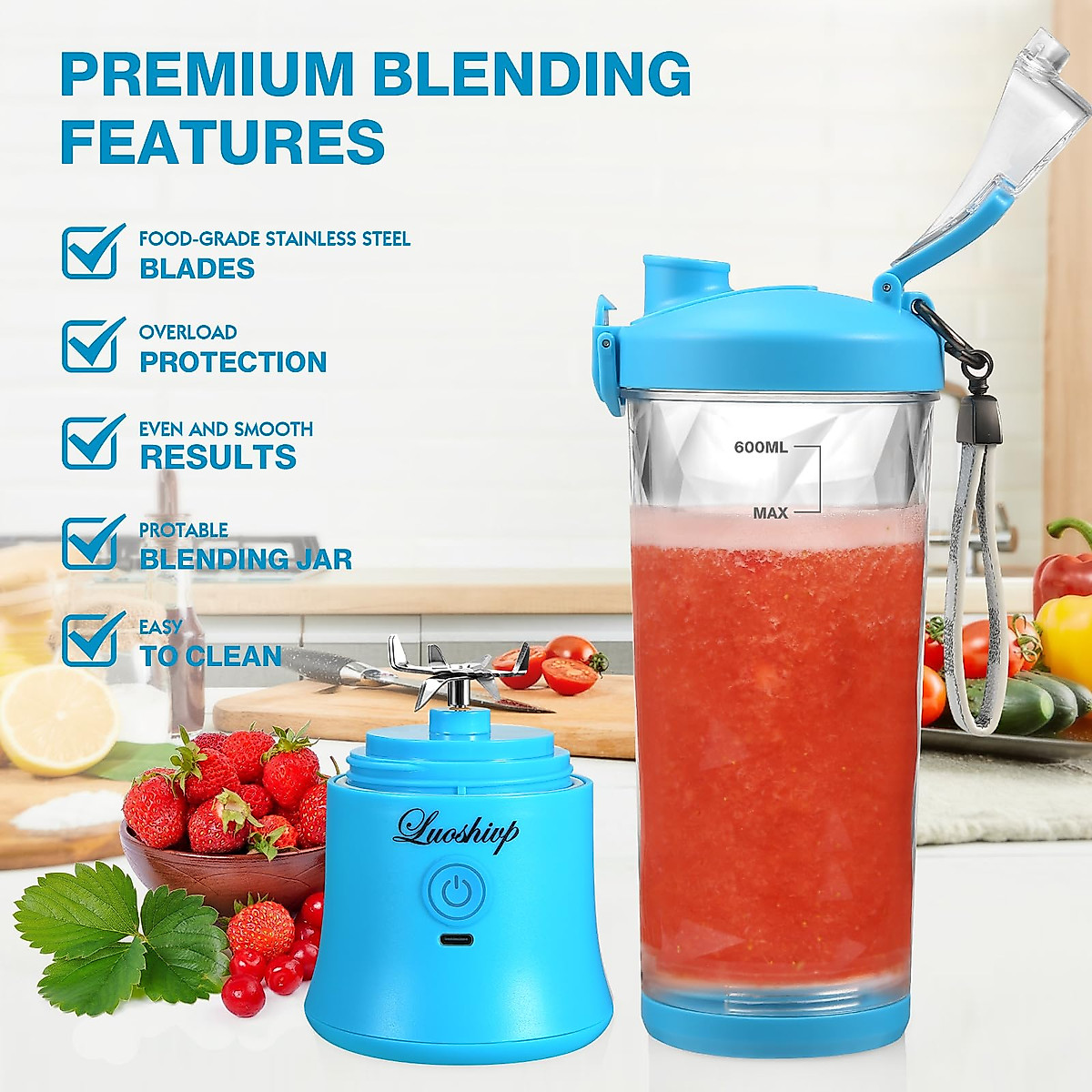 ortable Blender,22 Oz Mini Blender for Shakes and Smoothies,Personal Blender with Rechargeable USB,Fruit,Smoothie,Baby Food Mixing Machine Blender With 6 Blades,for Home,Kitchen,Travel,Sports (blue)