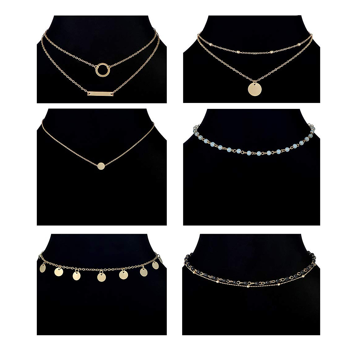 Ofeiyaa 12pcs Chain Gold Bead Necklace Coin Moon Star Pearl Pendant Chain Choker Multilayer Necklace Leather Cord Set for Women Men Gold Adjustable
