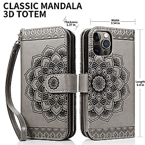 CASEOWL Compatible for iPhone 12 Pro Max Case Wallet Magnetic Detachable 2 in 1 Mandala Embossed Leather Flip Wallet Case with 9 Card Slots,Hand Strap for Women (Gray)