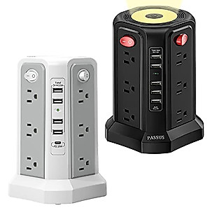 Surge Protector Power Strip with 5 USB Ports, Night Light, 18W Fast Charging Port, 10FT Extension Cord with 12 AC Multiple Outlets, Power Strips Tower, Overload Protection for Home Office Dorm Room