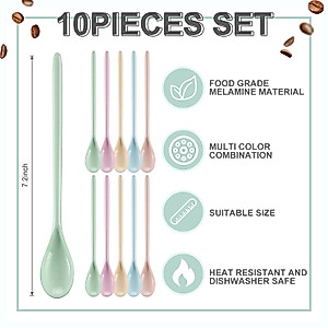 Lallisa 10 Pcs Melamine Long Handle Spoon 7.2'' Colorful Coffee Stirring Spoons Reusable Cute Plastic Spoons Mixing Iced Tea Spoons for Ice Cream Sundae Latte Chocolate Cocktail, Dishwasher Safe