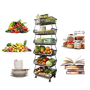 Kitchen Metal Storage Basket with Wheels Stackable Wire Utility Rolling Cart Vegetable Fruit Baskets Rack for Pantry,Potato,Onions,Beverages Storage(6 Tiers)