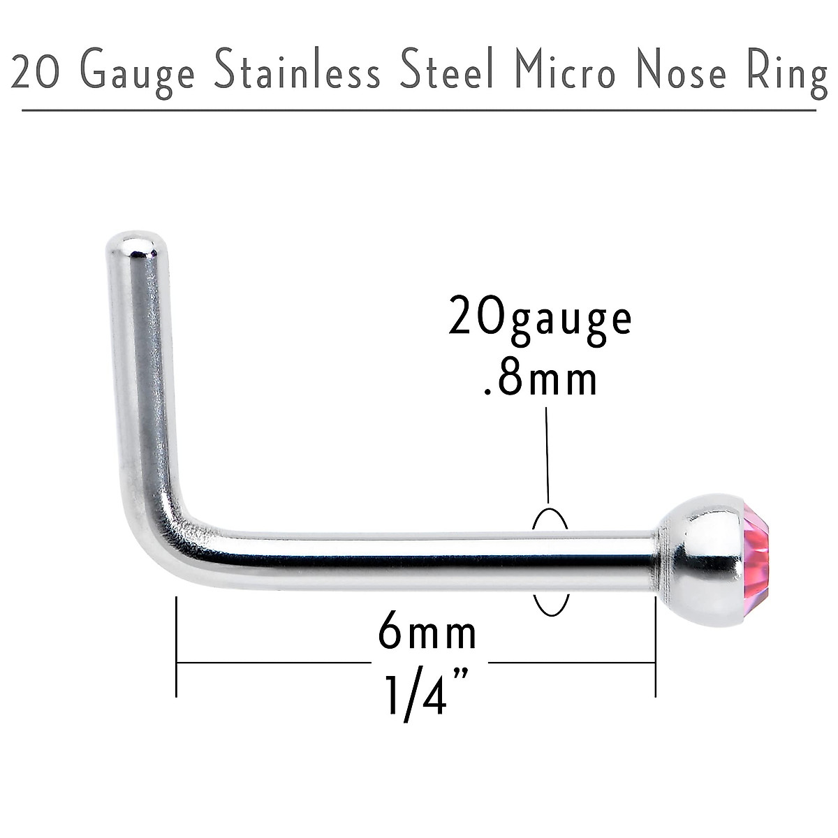 Body Candy Stainless Steel 1.57mm Pink Accent Micro L Shape Nose Stud Ring 20 Gauge