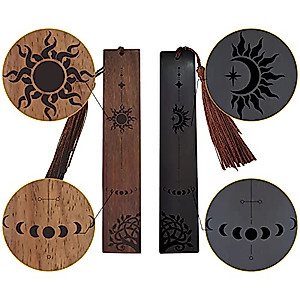 CRASPIRE Wood Bookmark 2 Colors Sun & Moon Engraved Book Mark Gifts Tree of Life Bookmarks with Tassel Pendant for Book Lovers Teacher Students