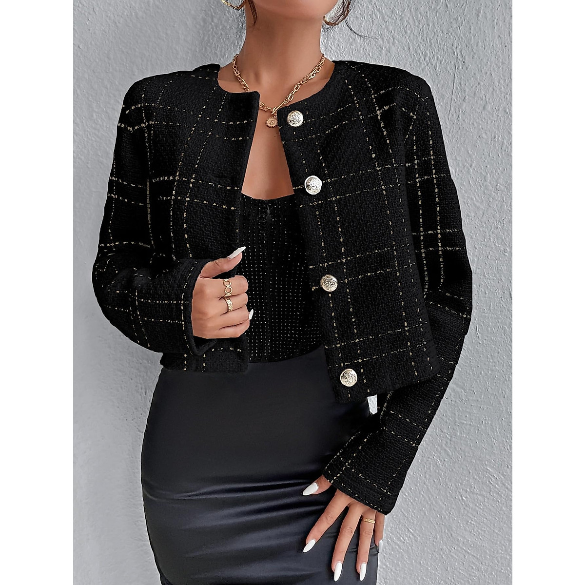 SweatyRocks Women's Plaid Long Sleeve Round Neck Button Down Crop Jacket Single Breasted Short Coat Top Black S