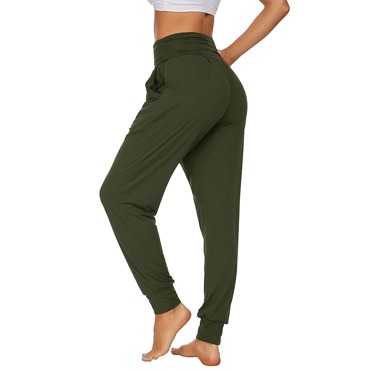 UEU Women's High Waisted Yoga Pants Super Soft joggers Loose Fitting Fit Juniors Workout Lounge Sweats Jogging Pants with Pockets(ArmyGreen,L)
