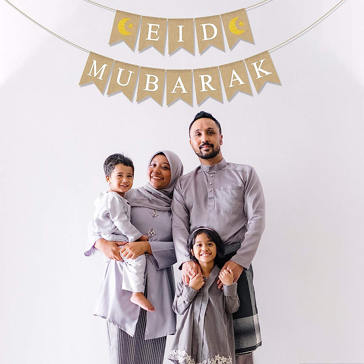 Jute Burlap Eid Mubarak Banner with Moon and Star Ramadan Home Mantel Fireplace Decoration