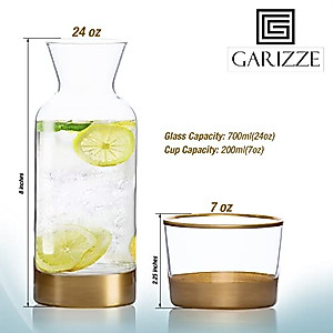 GARIZZE Bedside Water Carafe and Glass Set for Bedroom, Bedside Carafe and Glass Set, Mouthwash Decanter for Bathroom, Water Carafe with Glass Cup for Nightstand (24-oz/7-oz) (GOLD)