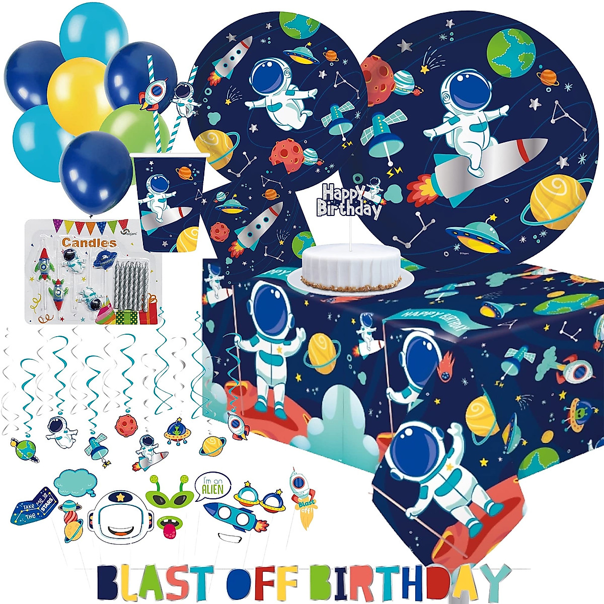 Serves 24 Ultimate Outer Space Party Supplies 9" Plates 7" Plates 24 Cups 2 Table Cover 24 Napkins 24 Straws 1 Blast off Birthday Banner 14 Swirls 12 Photo Props Cake Topper 30 Balloons 12 Candles