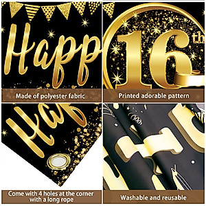 Happy 16th Birthday Banner Decorations for Boys Girls, 16th Birthday Party Supplies, Black Gold 16 Birthday Decor Sign for Outdoor Indoor
