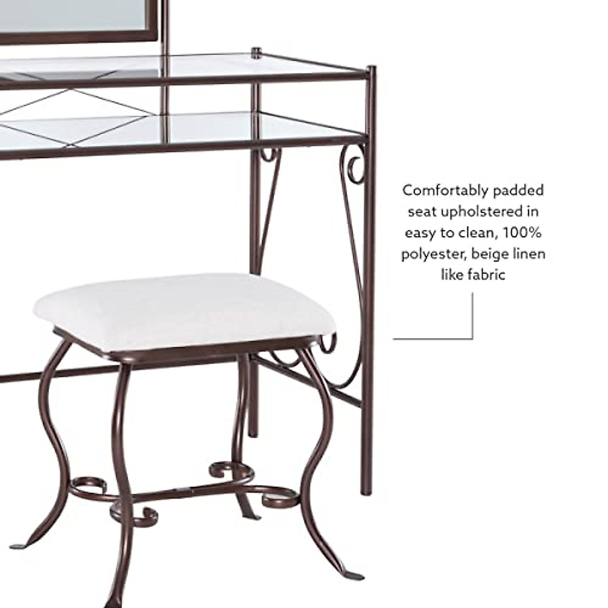 Linon Dark Metal Set Table with Upholstered Stool Clarisse Vanity, 52.4" x 31.8" x 18.3"